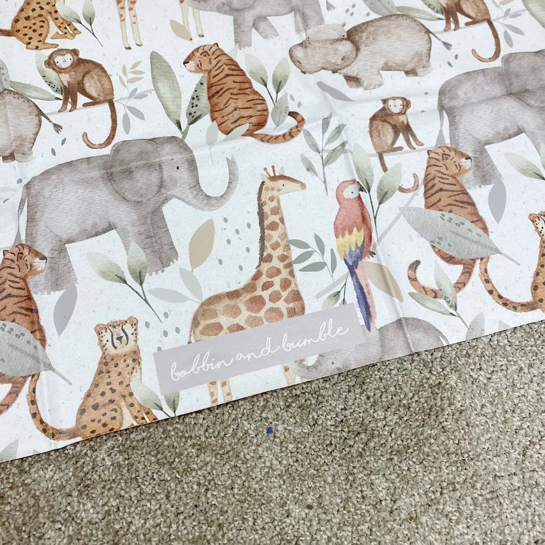 Bobbin and Bumble Wipeable Splash Mat - Jungle Animals – House Of Bebe